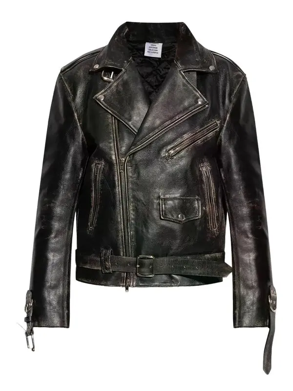 Vetements Belted Distressed Leather Jacket - Vintage Black