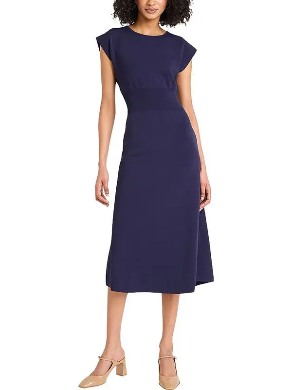 LUXELY Extended Shoulder Rib Waist Dress - Evening Blue