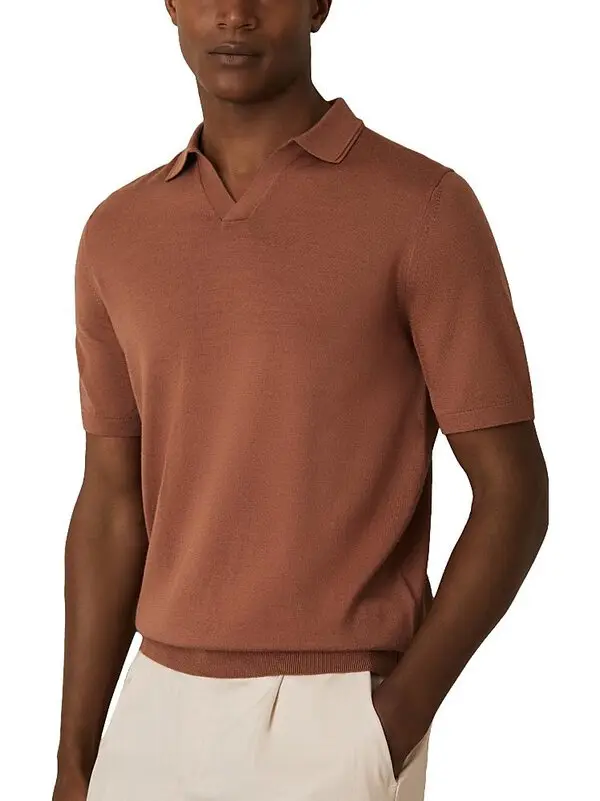 REISS Duchie Short Sleeve Open Collar Merino Polo Shirt - Cinnamon Brown