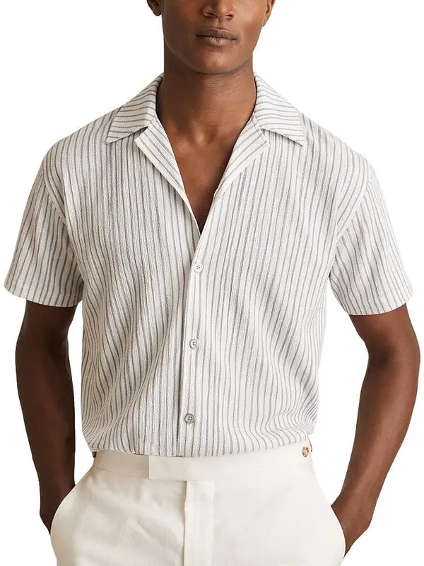 REISS Max Striped Cuban Shirt - White/soft Blue