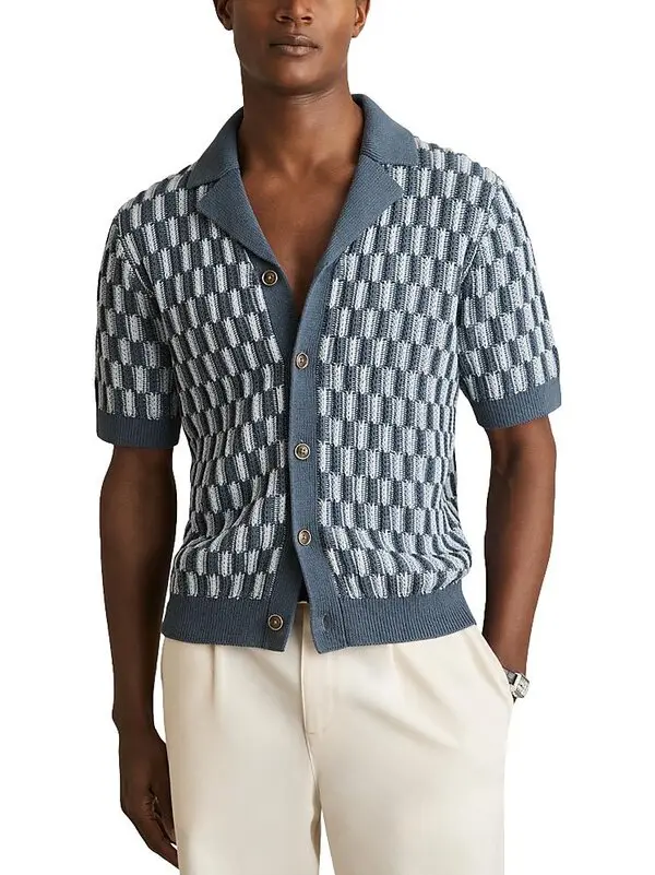REISS Regular Fit Geometric Knit Cuban Shirt - Airforce Blue