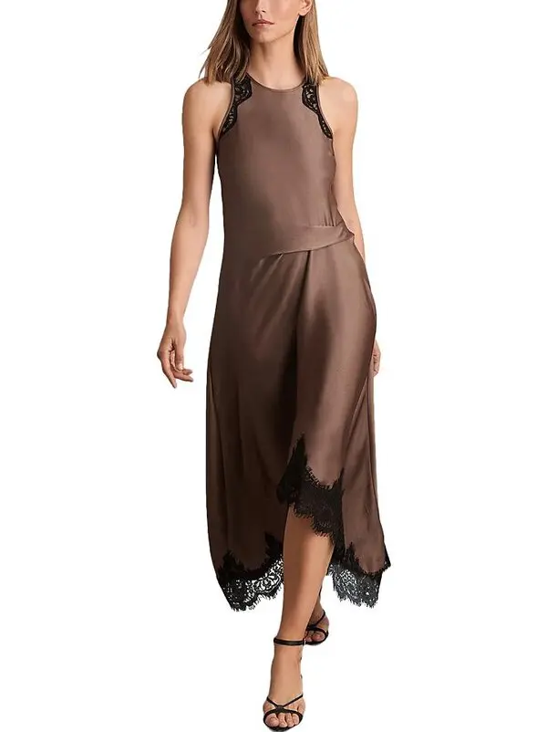 REISS Anais Lace Draped Dress - Mocha Brown