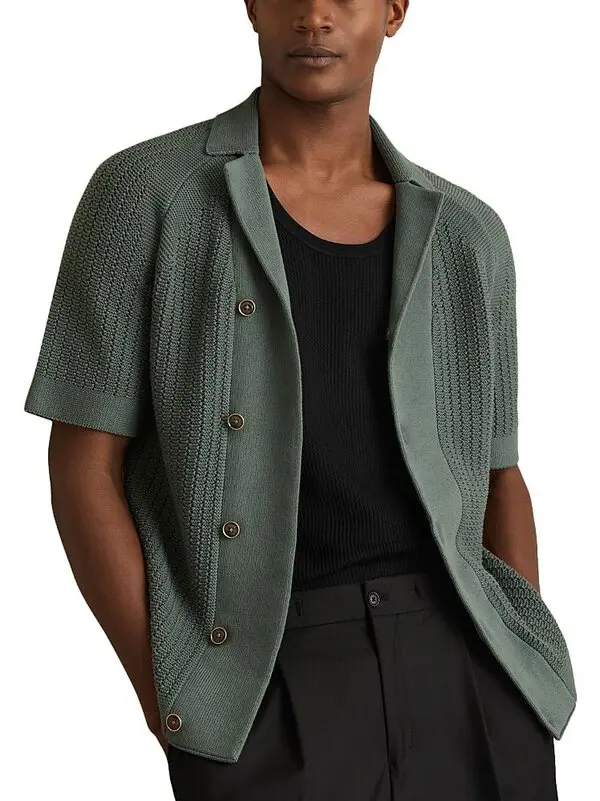 REISS Alphonso Regular Fit Ribbed Knit Cuban Shirt - Pine Green