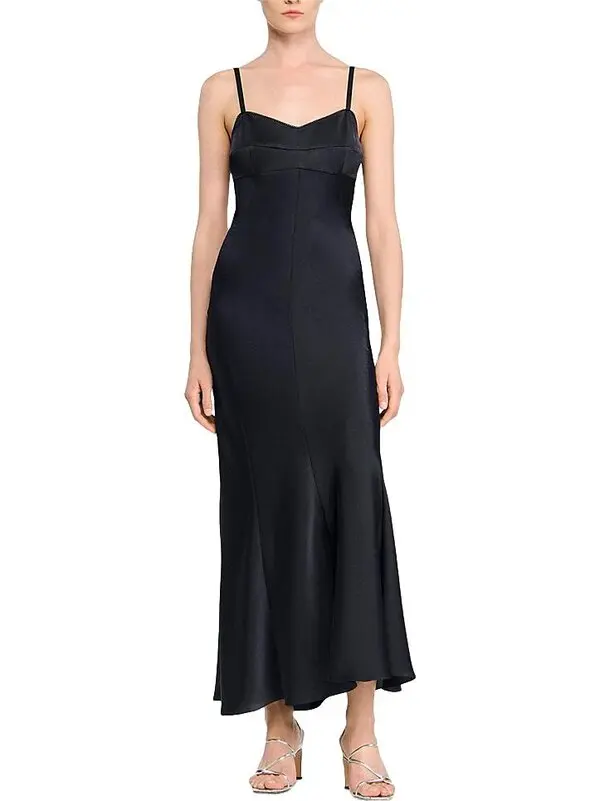 Sandro Fluid Satin Maxi Slip Dress - Navy Blue