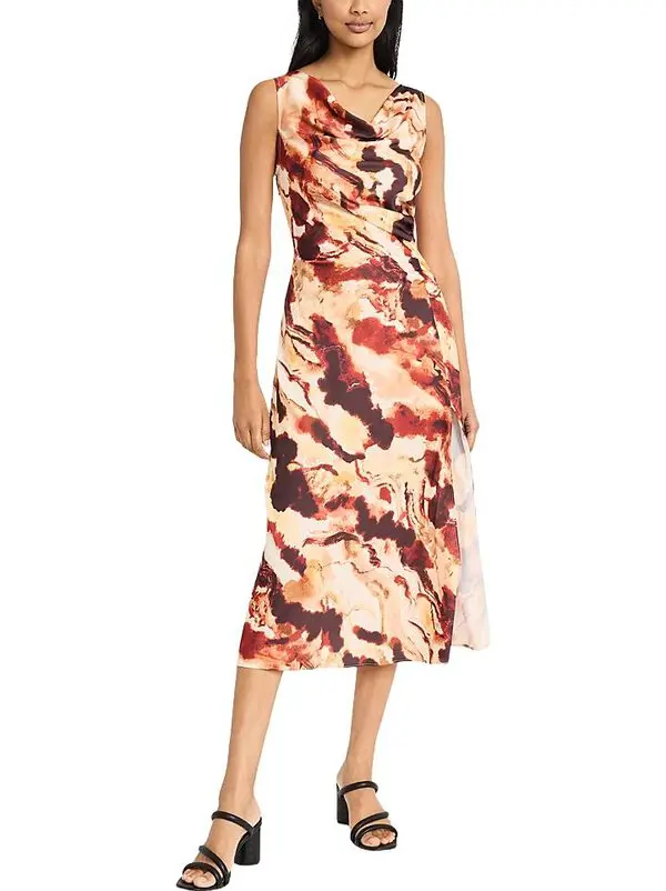 Maggy London Printed Asymmetric Neck Midi Dress - Beige/ Brown