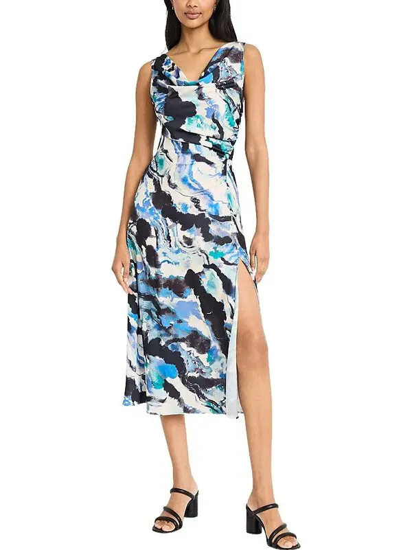 Maggy London Printed Asymmetric Neck Midi Dress - Cream/ Navy