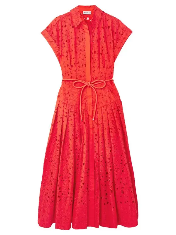 Rebecca Vallance Blaire Belted Guipure Lace Cotton Midi Shirt Dress - Orange
