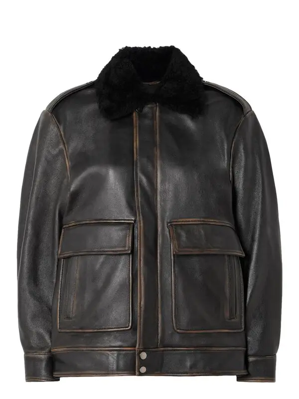 Nour Hammour Drey Distressed Shearling-trimmed Leather Jacket - Black