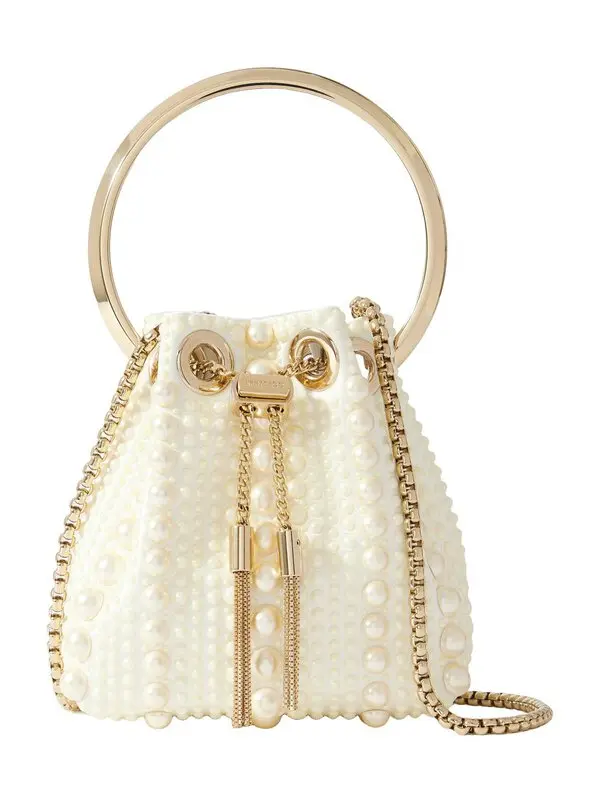 JIMMY CHOO Bon Bon Micro Embellished Satin Bucket Bag - Neutrals