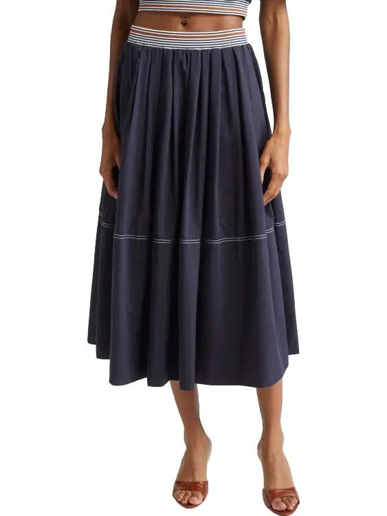 Veronica Beard Evelina Topstitch Detail Cotton & Silk Skirt - Navy