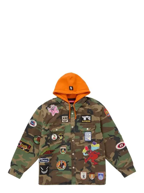 Supreme Patches Hooded Zip Up Shirt - Woodland Camo