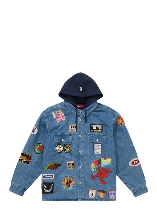 Supreme Patches Hooded Zip Up Shirt - Denim