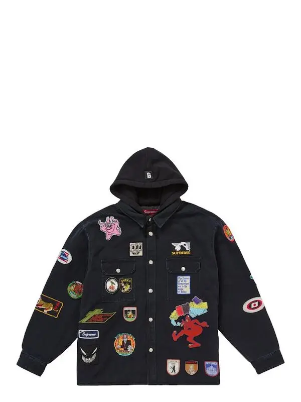 Supreme Patches Hooded Zip Up Shirt - Black