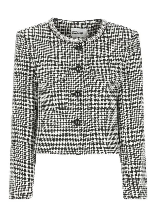 SELF-PORTRAIT Cropped Houndstooth Jacket - Black
