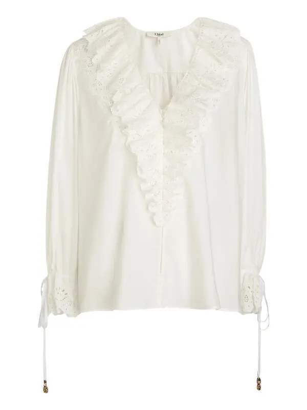 Chloé Broderie Anglaise Ruffled Cotton Blouse - White