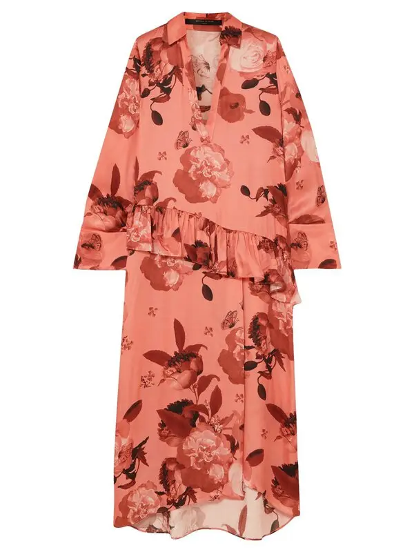Mother Of Pearl Alba Ruffled Floral-print Satin Midi Dress - Pink