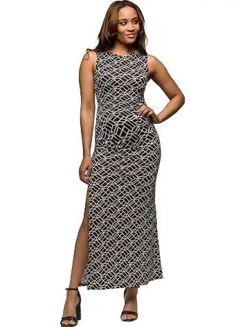 24SEVEN COMFORT APPAREL Maternity Sleeveless Geometric Print Maxi Dress With Slit - Black Multi