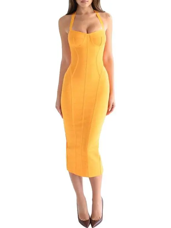 House Of Cb Sculpt Halter Neck Bandage Midi Dress - Orange Sherbet