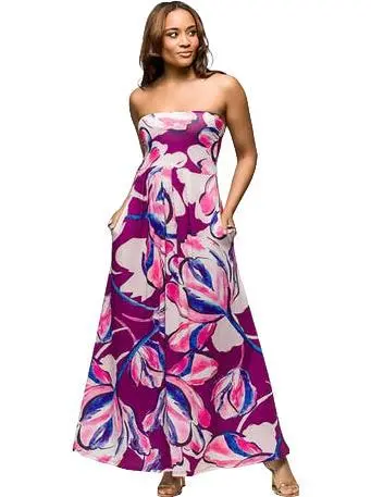 24SEVEN COMFORT APPAREL Floral A-line Strapless Maxi Maternity Dress With Pockets - Purple Multi