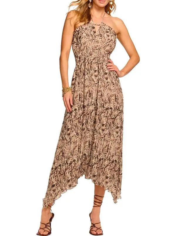 Ramy Brook Abstract Print Handkerchief Hem Halter Dress - Baja Brown Tulum