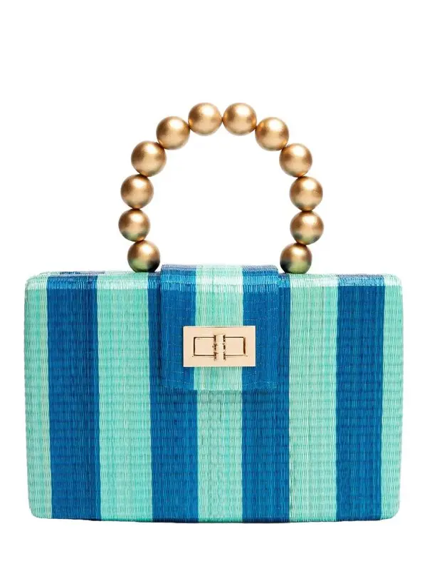 SOLI & SUN The Louisa Woven Straw Clutch - Blue & Turquoise Stripe