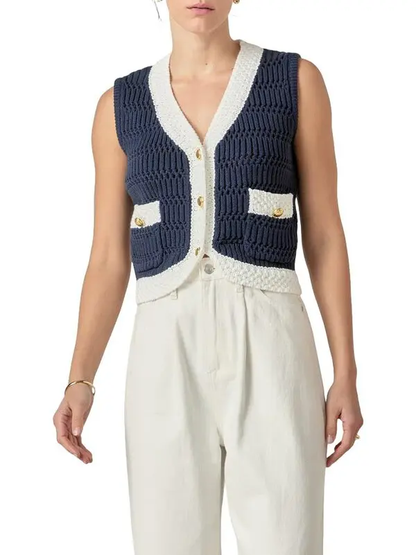 English Factory Cropped Sweater Vest - Navy/ White