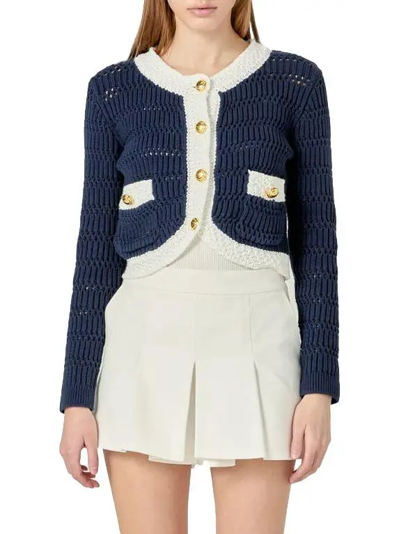 English Factory Contrast Crop Cardigan - Navy/ White