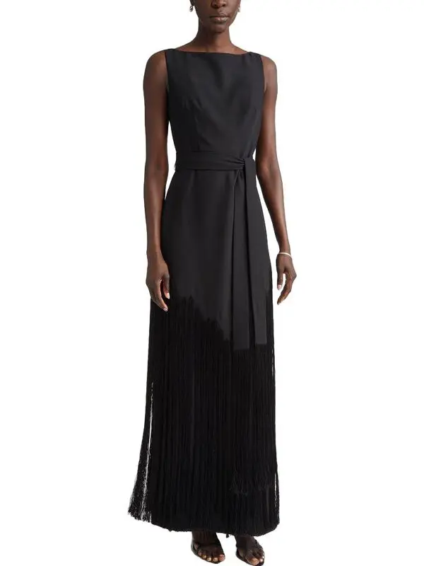 St. John Audrey Fringe Sleeveless Belted Gown - Black