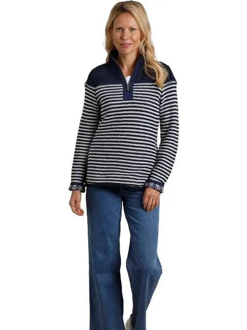 WEIRD FISH 1/4 Zip Striped Macaroni Knit Top - Navy