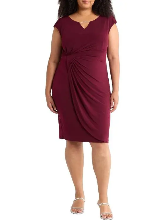 CONNECTED APPAREL Ruched Faux Wrap Cocktail Dress - Bordeaux