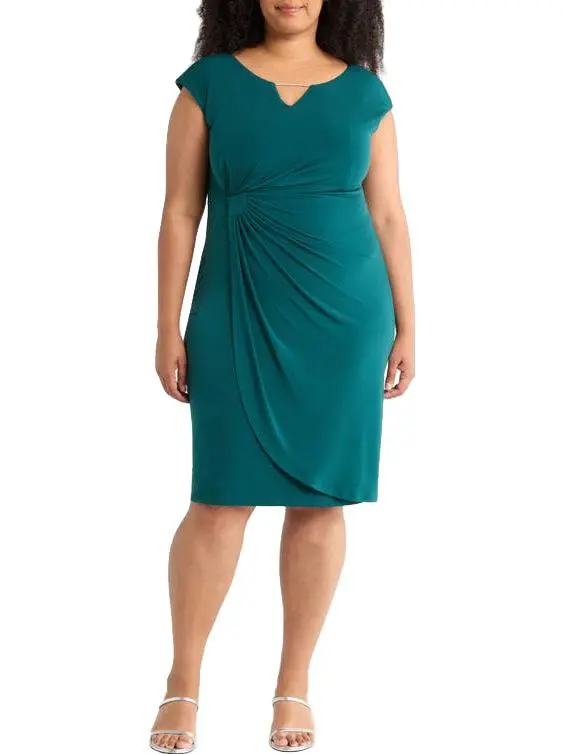 CONNECTED APPAREL Ruched Faux Wrap Cocktail Dress - Deep Spruce