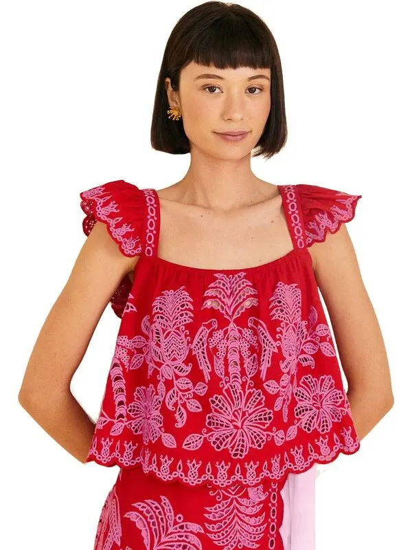 Farm Rio Palm Tree Richelieu Blouse - Red