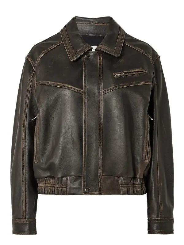 Nour Hammour Clint Oversized Paneled Distressed Leather Bomber Jacket - Black