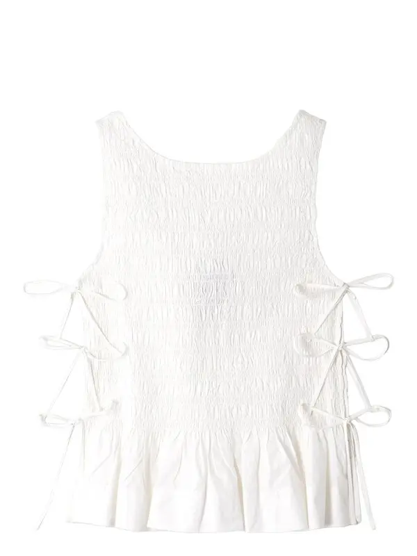 GANNI Tie-detailed Shirred Organic Cotton-poplin Tank - White