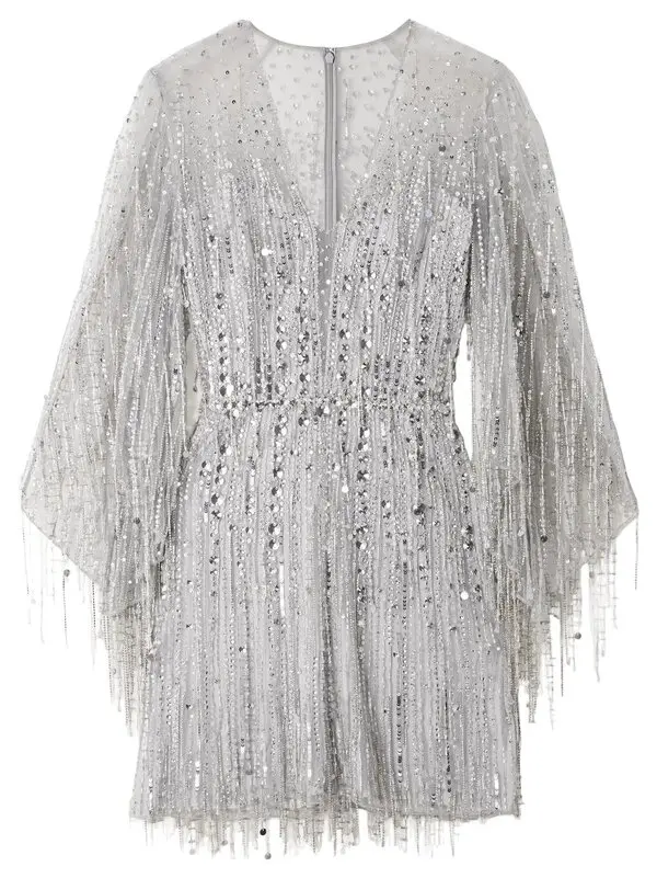 Jenny Packham Oberon Ammonite Embellished Fringed Organza Mini Dress - Silver