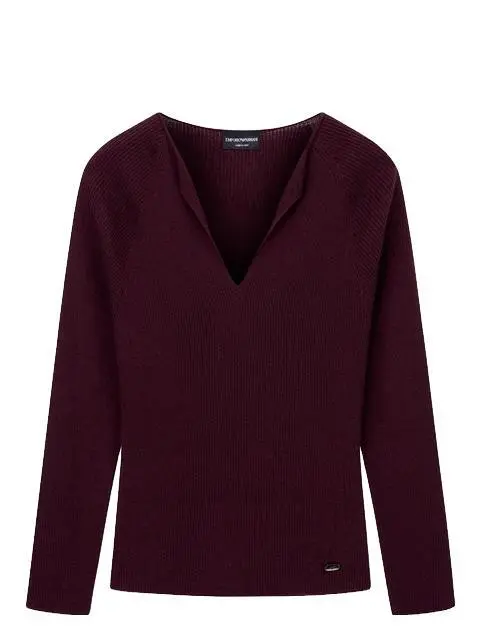 Emporio Armani Virgin Wool Blend V-neck Jumper - Burgundy / Red
