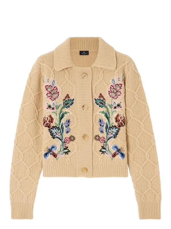 Etro Embroidered Cable-knit Wool And Cashmere-blend Cardigan - Neutrals