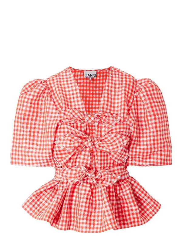 GANNI Gingham Crinkled-taffeta Peplum Blouse With Bow Details - Red