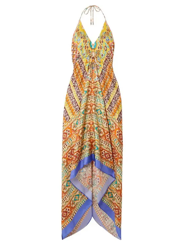 Etro Floral-print Asymmetric Silk-twill Halterneck Dress - Yellow