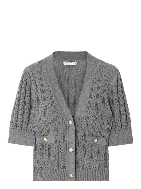 Alessandra Rich Cropped Pointelle-knit Cotton And Cashmere-blend Cardigan - Gray