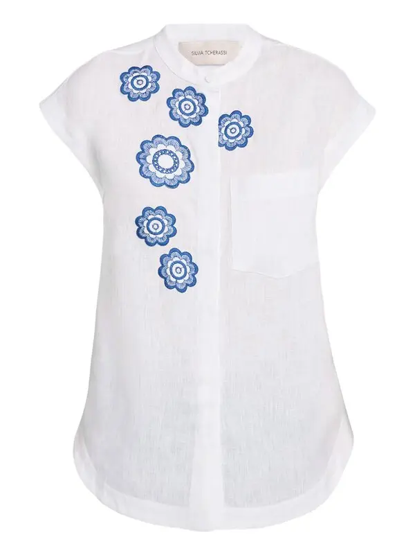 Silvia Tcherassi Adele Flower Embroidered Linen Blouse - Whtnvyeb