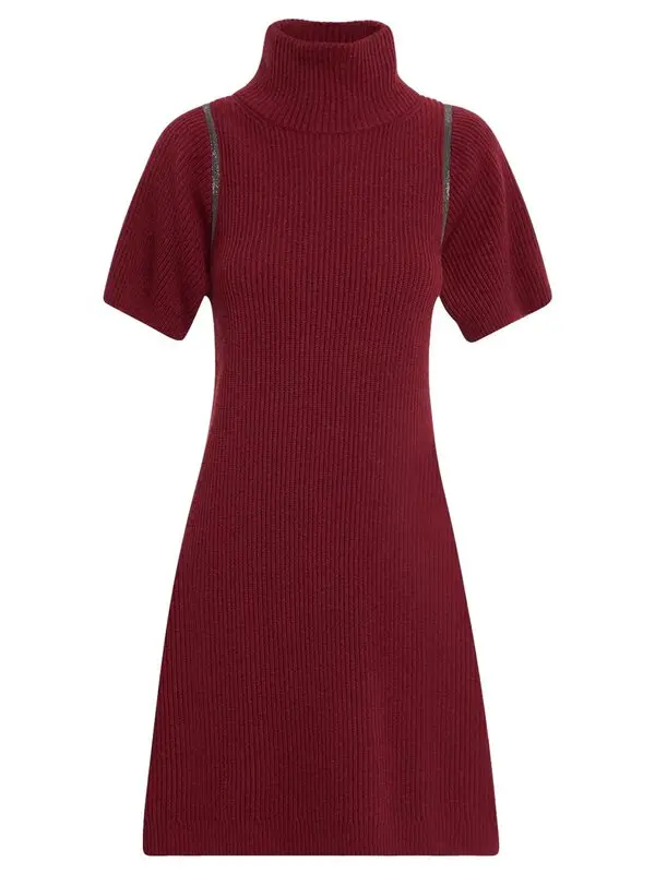 Brunello Cucinelli Mock-neck Monili Ribbed Mini Dress - C4373 Deep Red