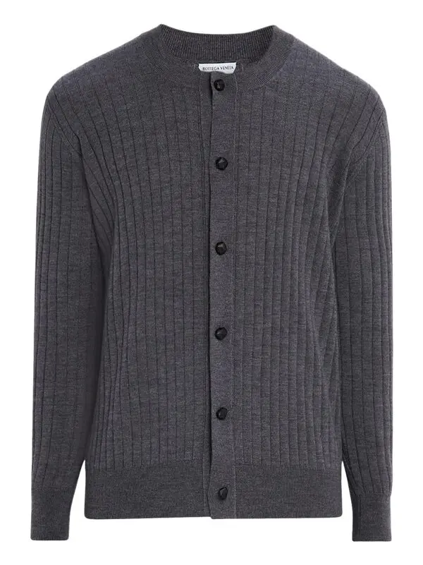 Bottega Veneta Ribbed Wool Cardigan With Leather Buttons - Antracite