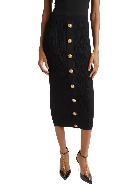 Balmain Rib Cable Knit Midi Skirt With Button Detail - 0pa Black
