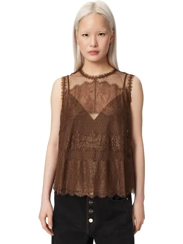 ALLSAINTS Clara Lace Mesh Sleeveless Top - Brown