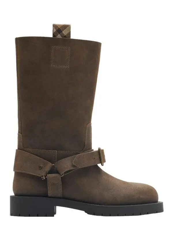 Burberry Suede Saddle Boots With Check Detail - Loch Green