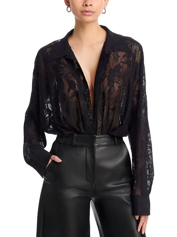 Norma Kamali Lace Oversized Boyfriend Shirt Bodysuit - Black