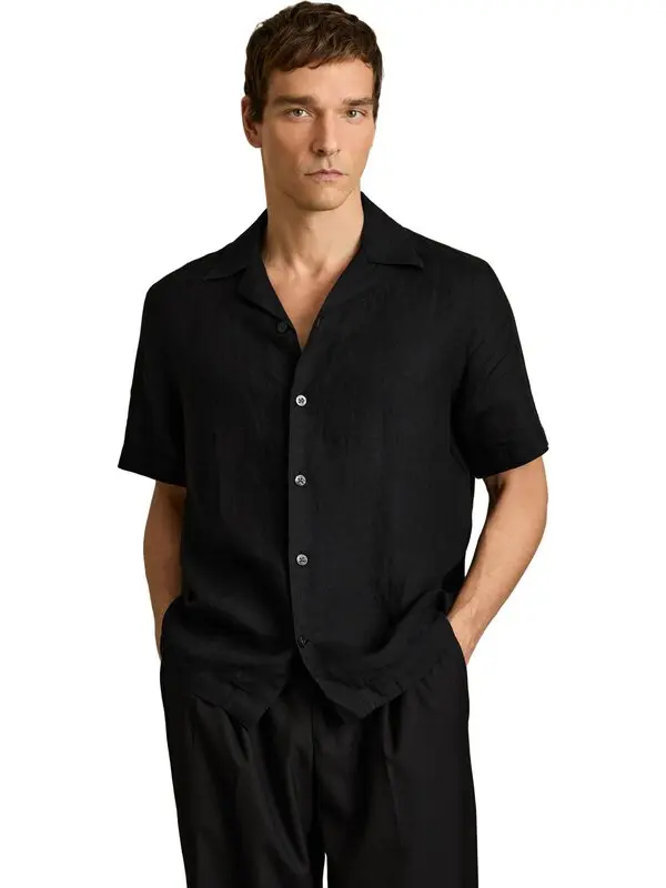 REISS Beldi Linen Cuban-collar Shirt - Black