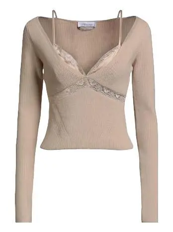 Blumarine Ribbed V-neck Sweater With Lace Trims - Beige