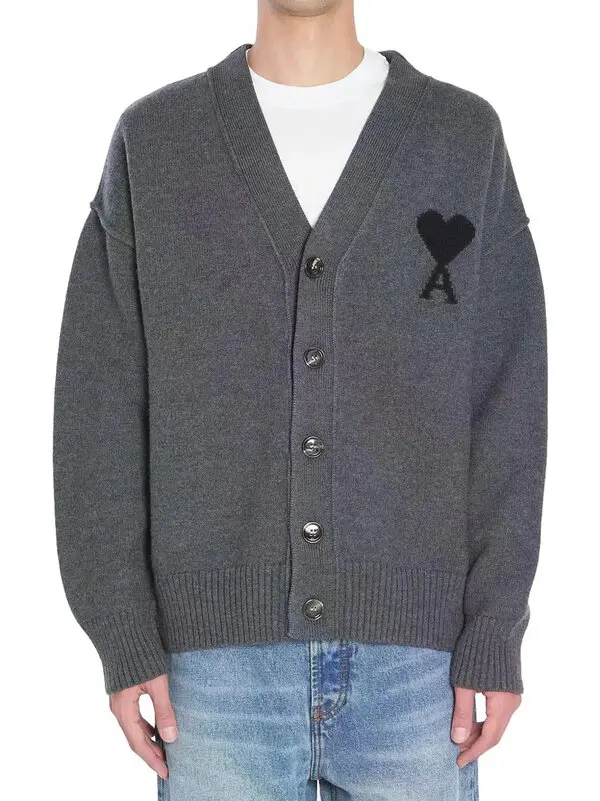 Ami Heart Logo Button Cardigan - Grey